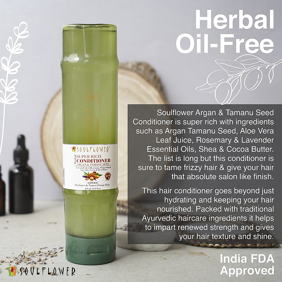 Soulflower ROSEMARY ARGAN HAIR CONDITIONER FOR FRIZZY HAIR, WITH LAVENDER ESSENTIAL OIL, TAMANU SEED, COCOA & SHEA BUTTER, SULFATE FREE, 250ML/ 8.45 FL OZ