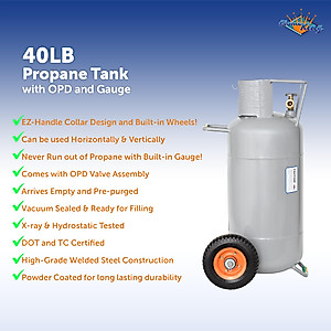 Flame King YSN40HOGb 40LB Steel Horizontal & Vertical Propane Tank Cylinder HOG with Dolly Cart Wheels Tables, Fire Pits, Patio Heaters, Barbeques, Lunch, Weed Torch, and Truck Campers, Gray