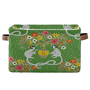 susiyo Large Foldable Storage Bin Tribal Elephants Storage Bins Collapsible Decorative Fabric Storage Baskets ,Green Chinoiserie Monkeys