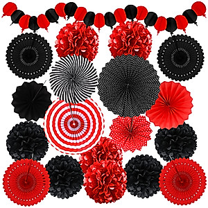 Recosis Red and Black Party Decorations, Papar Fans Pompoms Fans Garlands for Birthday Wedding Graduation Game Night Boy Girl Party Decorations