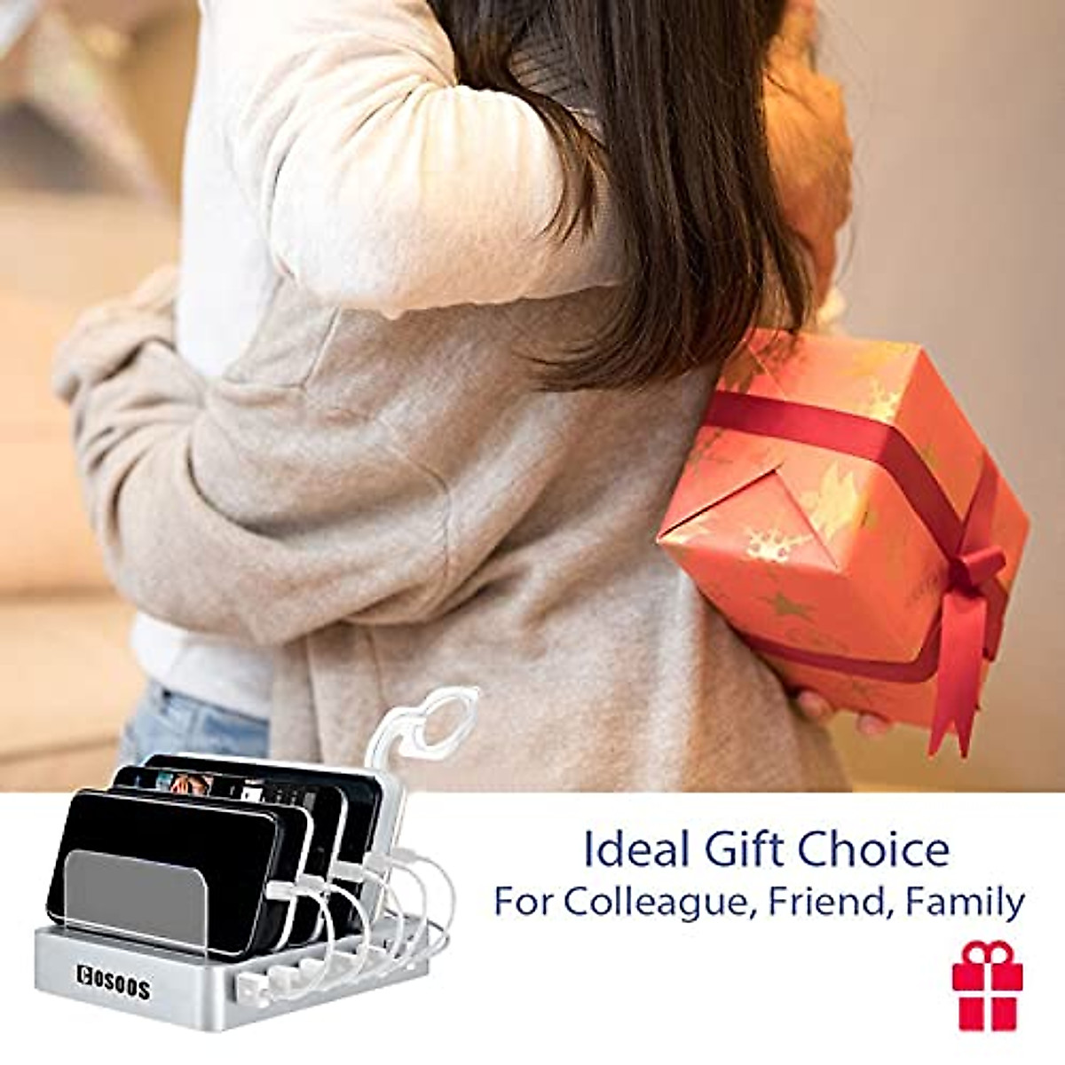 USB Charging Station for iPhone 14,COSOOS Charger Station with 5 lPhone Cable,1 Type-C,1 Micro Cable,6-Port Charging Station for Multiple Devices(Silver White)