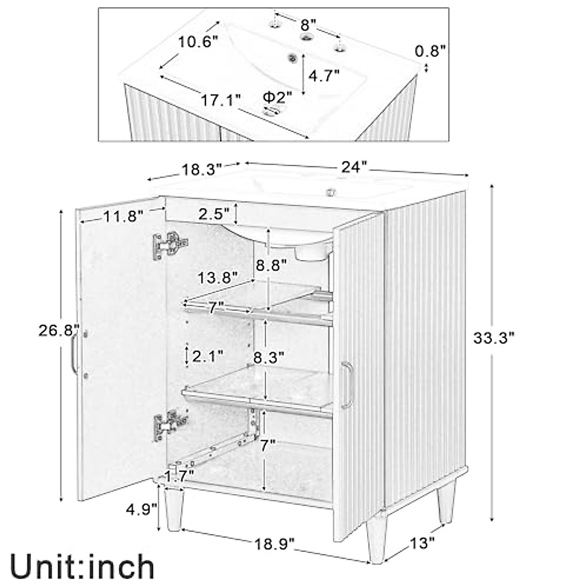 Merax, White 24" Bathroom Vanities Cabinet with Sink, Freestanding Multi-Functional Storage Organizer, Two Doors and Adjustable Shelves