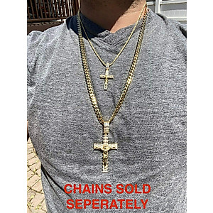 HarlemBling Real 925 Sterling Silver - 14k Gold Finish - Iced Baguette Cross W. Jesus Pendant - 3 Sizes Great For Any Necklace 1-2.5" (Medium 1.5")