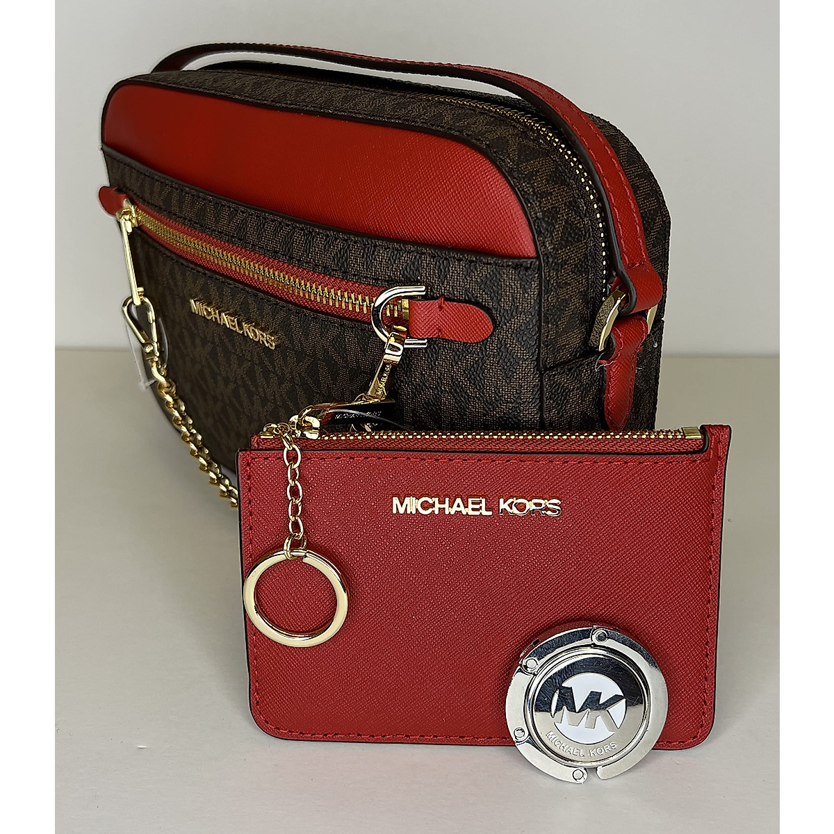 Michael Kors Jet Set Large Chain Crossbody Bag bundled with with SM TZ Coinpouch Wallet and Purse Hook (Signature MK Brown/Flame)