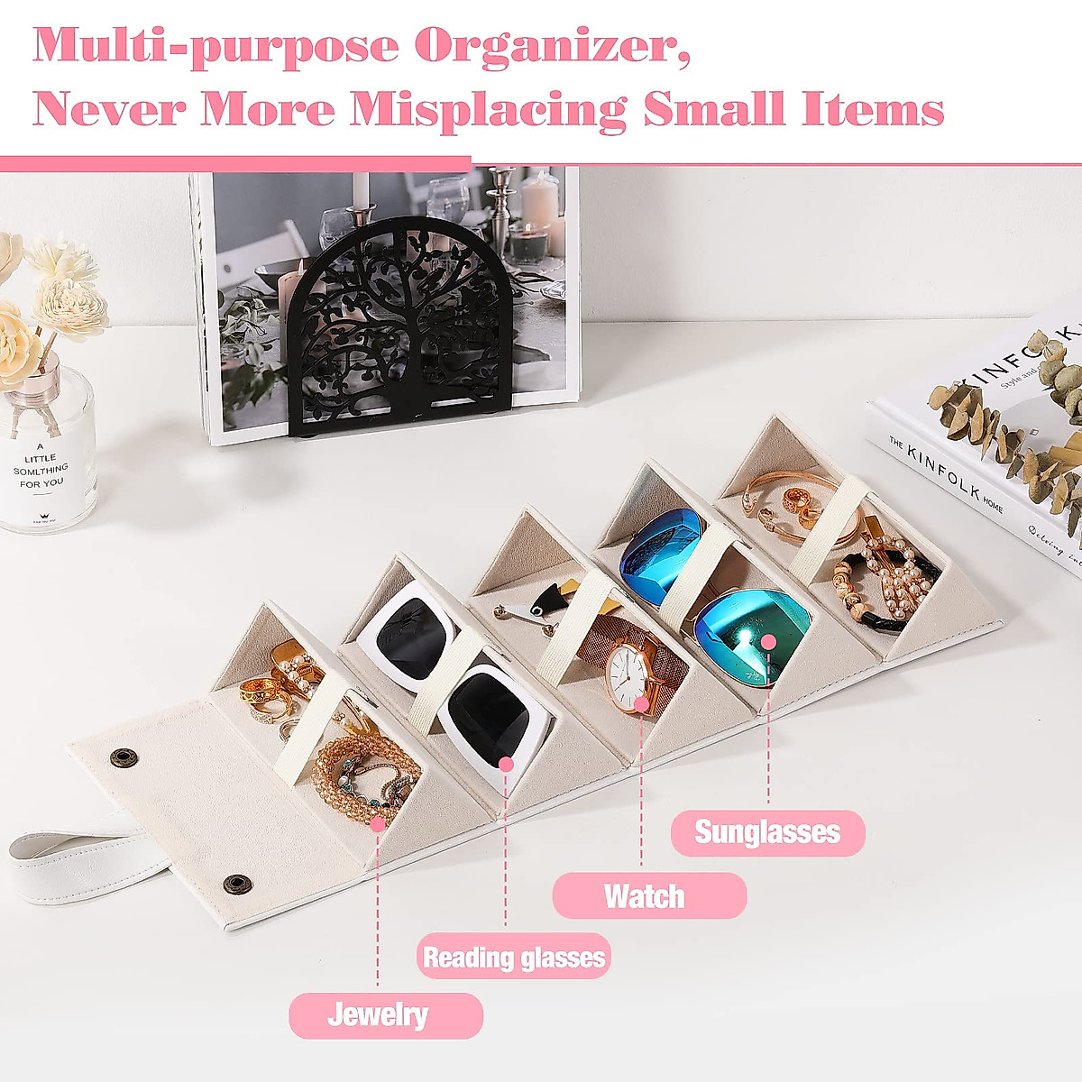 MoKo Sunglasses Organizer with 5 Slots, Foldable Travel Glasses Storage Case Holder Eyewear Display Box, White