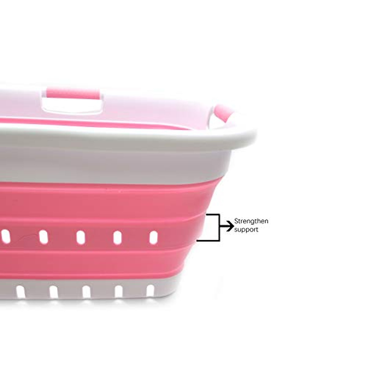 SAMMART 41L Collapsible 3 Handled Plastic Laundry Basket - Foldable Pop Up Storage Container/Organizer - Portable Washing Tub - Space Saving Hamper/Basket (3 handled rectangular, White/Pink)