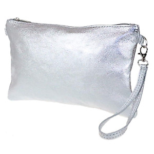 Girly HandBags Womens Genuine Italian Metallic Leather Clutch Bag Silver