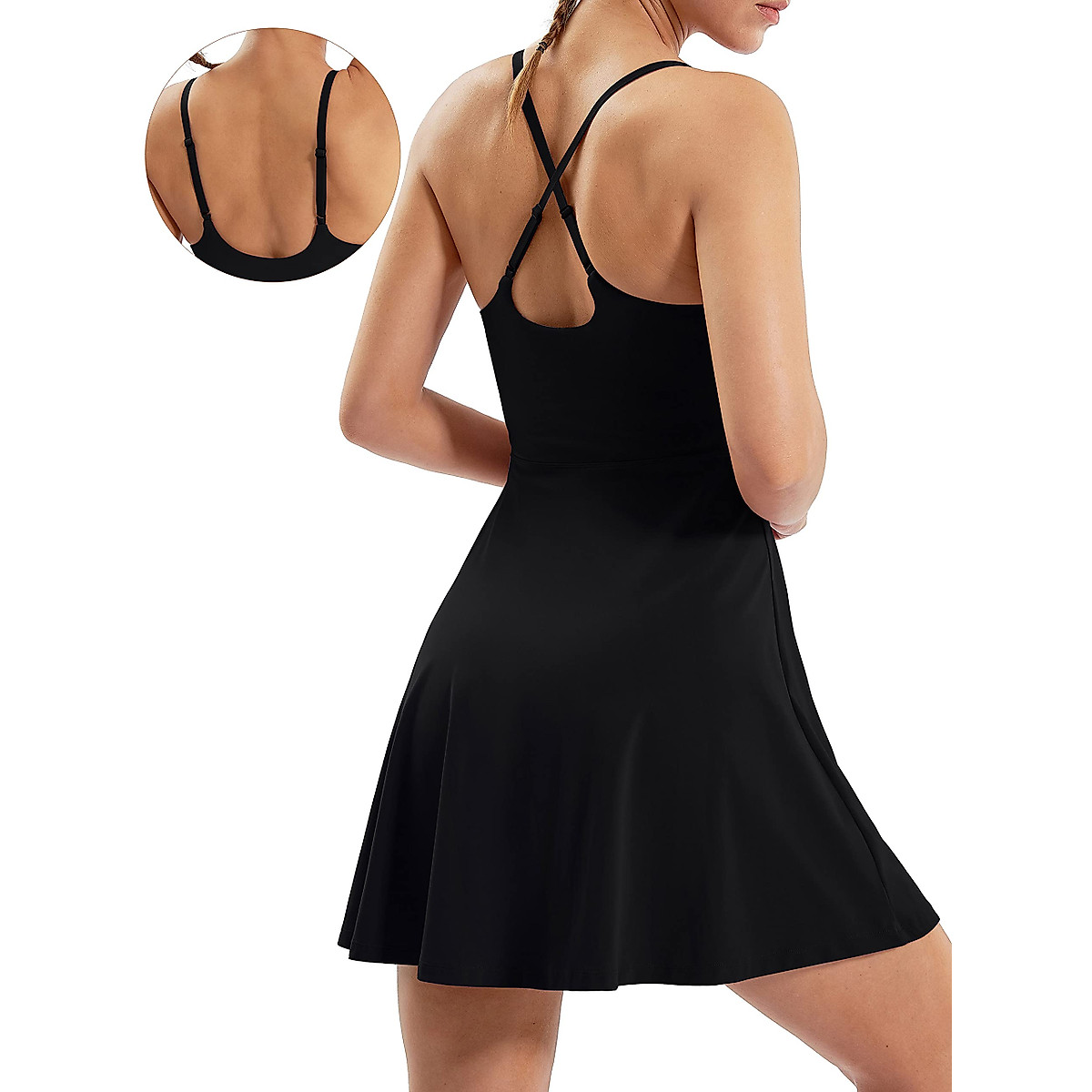 Ewedoos Tennis Dress Womens Athletic Dress Built in Shorts & Bra Adjustable Straps Workout Exercise Golf Summer Dress Black