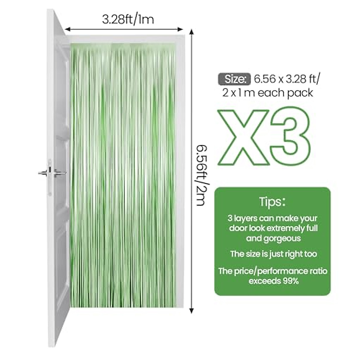 3 Pack Foil Curtains Metallic Foil Fringe Curtain-JVIGUE，Birthday Party Photo Backdrop Wedding Event Decor (Pale Green Decorative Streamers)