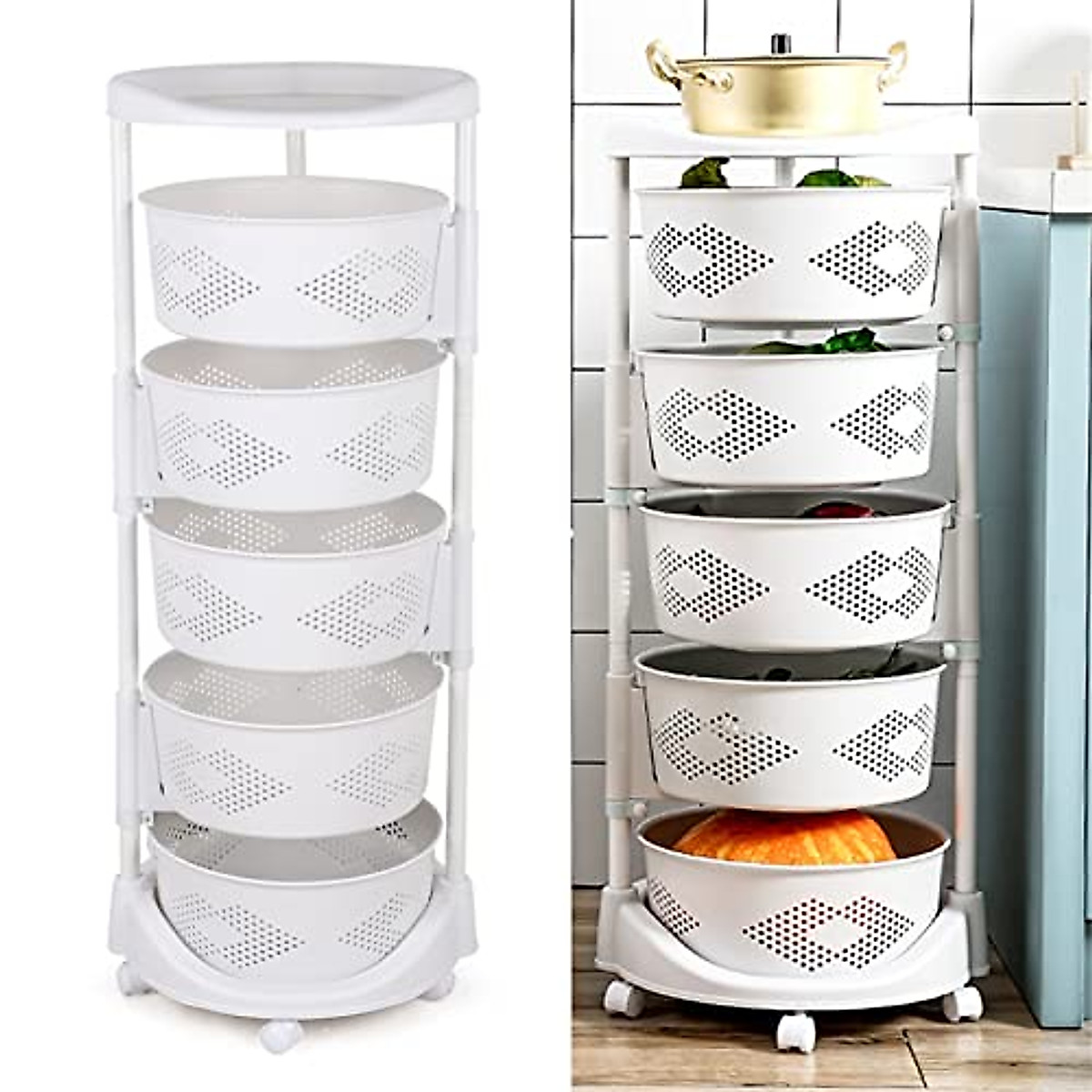 DYRABREST Multi-Layer Kitchen Storage Rack,5 Tier Rotating Vegetable Organizer with Lockable Casters,Floor-Standing Storage Rack,Household Storage Rack for Home Kitchen Bathroom Salon,White (5-Tier)