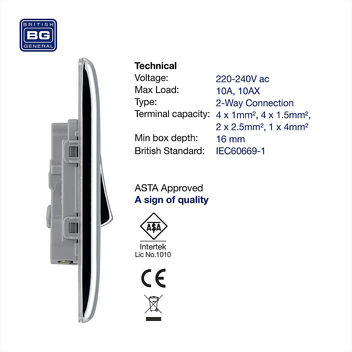 masterplug BG Electrical NPC12 Nexus Metal Polished Chrome 1 Gang 2 Way 10 A Plate Switch