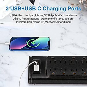 Surge Protector Power Strip 6 ft Flat Plug Power Strip, Multiple Plug Outlet, Outlet with 8 Sockets 4 USBInterface, 1875W, 2700 Joules, Black，Desktop Power Strip