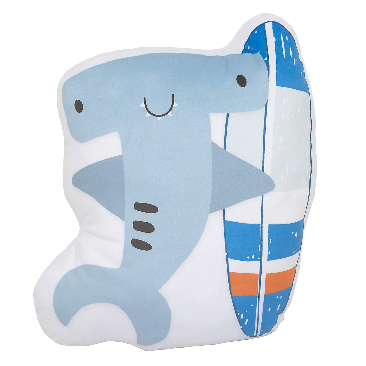 Everything Kids Little Dude Adventure Blue & White Shark with Surfboard Decorative Pillow, Blue, Orange, White (8767721P)