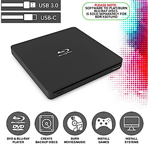 Pioneer BDR-XS07UHD 4K Blu-Ray Portable Burner & DVD Player - 6X Slim External BDXL, BD, DVD & CD Drive for Windows & Mac w/ 3.0 USB, CD Player, Write & Read on Laptop or Desktop w/ Carry Case (Black)