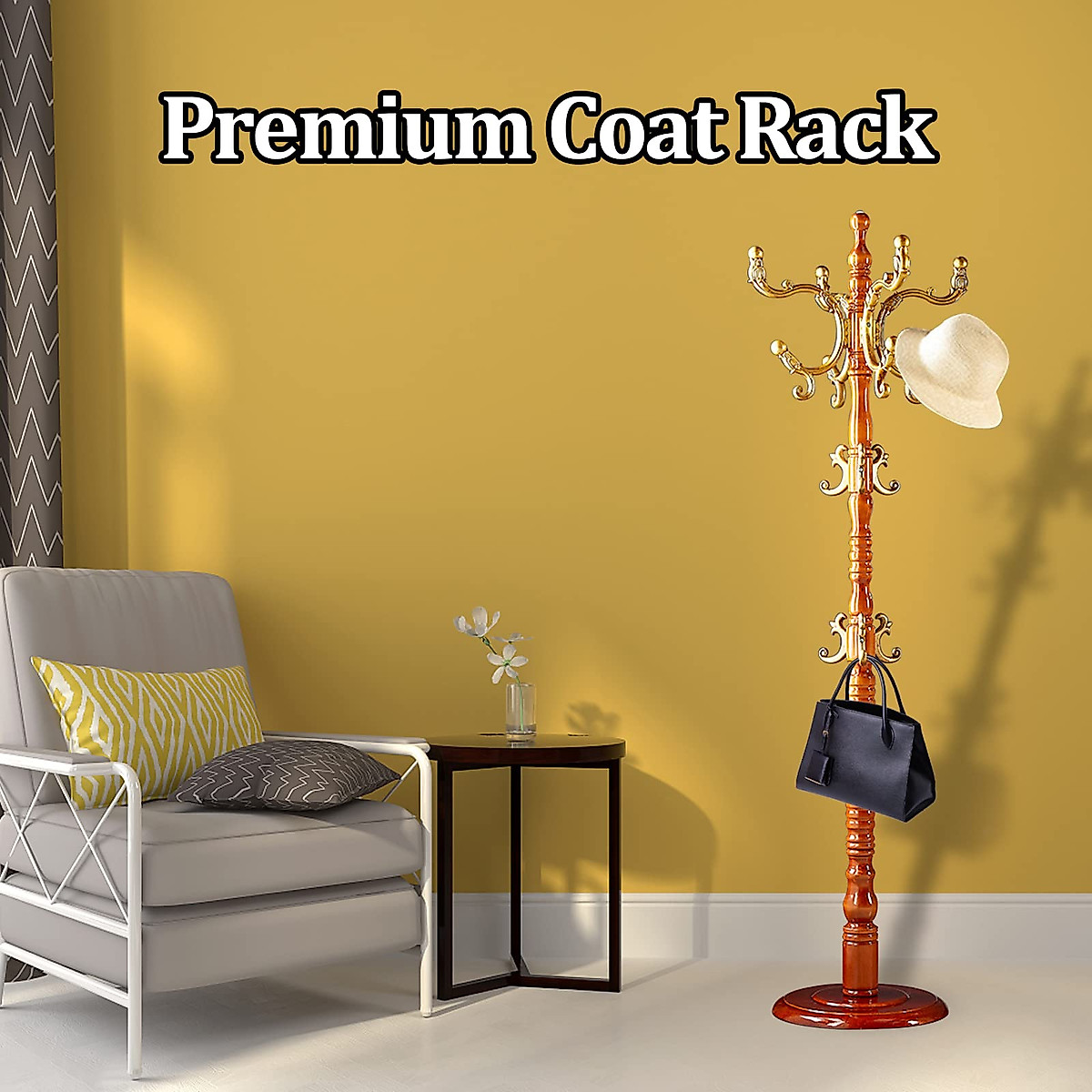 High-Grade Coat Rack Freestanding Coat Rack Stand, Wooden Coat Rack Stand with 14 Hooks, Coat Rack Wooden Tree for Coats, Hats, Bags, Purses, for Entryway Hallway Foyer Office Closet (Mahogany color)