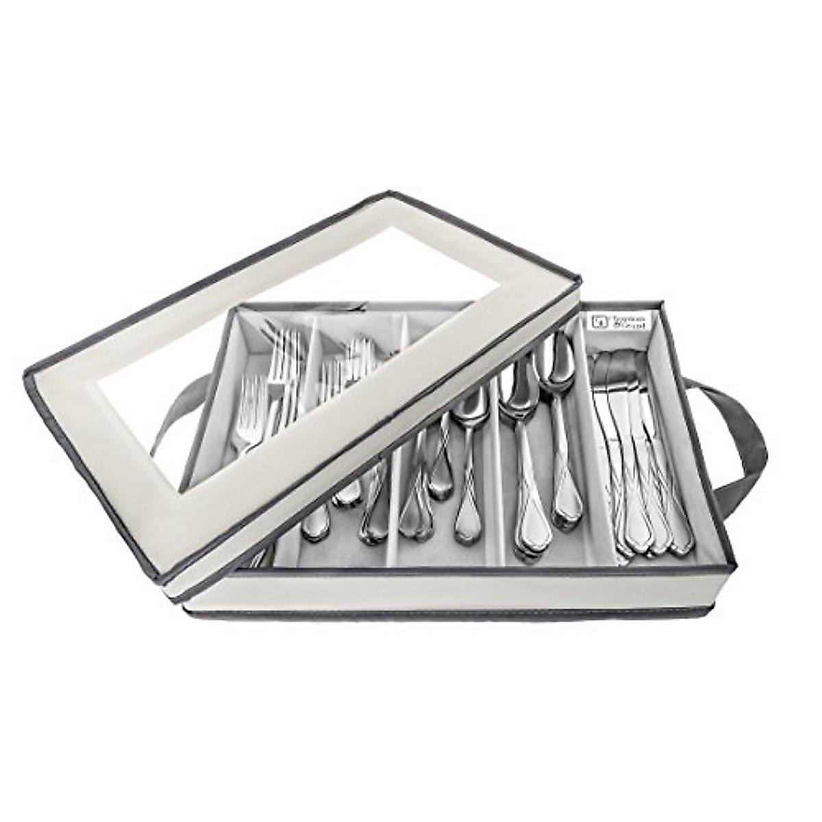 Chapman & Grand Flatware Storage Chest with Lid for Utensils, Silverware, Flatware – Securely Sewn Dividers with Large Capacity (Light Beige-Gray)