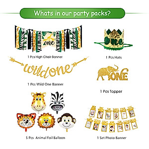 FVABO Wild One Birthday Decorations - Jungle Theme Party Supplies Include Leaf, Baby Photo Banner, Highchair Banner, Topper, Balloons Garland Arch, Crown, for 1st Animal Safari Birthday Party Decor