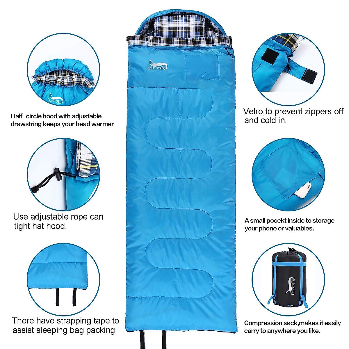 DESERT & FOX Cotton Flannel Sleeping Bags Attach Pillow, 4 Season Warm & Cold Weather Envelope Compression Sack, Lightweight & Portable Sleeping Bag for Outdoor Camping, Hiking, Traveling