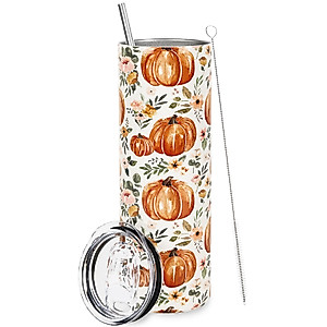 Whaline Fall Tumbler with Lid and Straw Watercolor Pumpkin Flower Stainless Steel Cup Autumn Tumbler Cup Travel Coffee Mug for Fall Thanksgiving Decor Gift Supplies