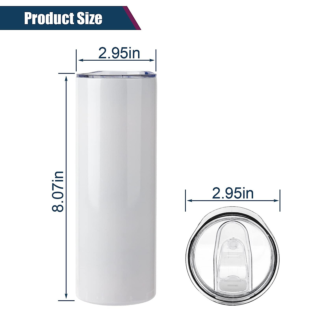 BAUMFEUER 1 Pack Sublimation Tumblers bulk 20 OZ Straight Skinny Stainless Steel Double Wall Insulated Sublimation Water Bottles Blank with Lid, Individually Box, for Heat Transfer Press