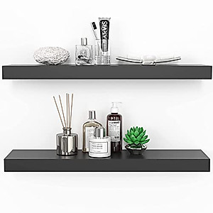 Ballucci Floating Book Shelves, 2-Pack 24" Wood Wall Mount Ledges with Invisible Brackets for Living Room, Bedroom, Bathroom, Kitchen, Nursery, 6" Deep - Black