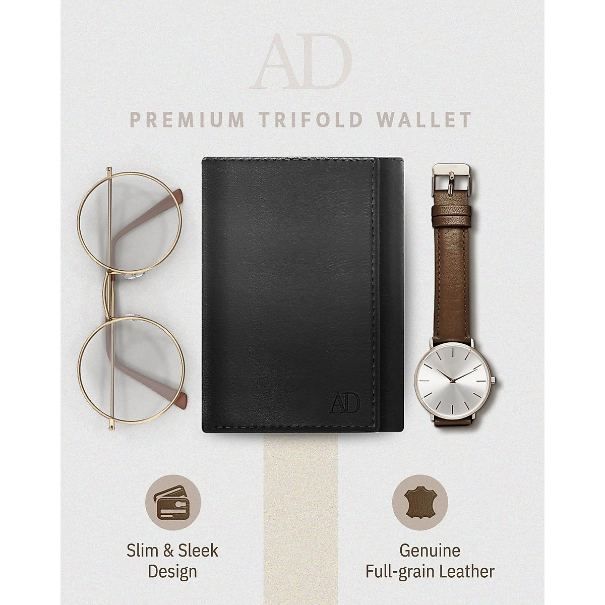 Genuine Leather Wallets For Men - Trifold Mens Wallet With ID Window RFID Blocking,Smooth Black