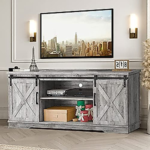 IDEALHOUSE Farmhouse TV Stand, Entertainment Center for 65 Inch TV Media Console Table, Grey Barn Door TV Stand with Storage and Shelves, Modern TV Console Cabinet Furniture for Living Room
