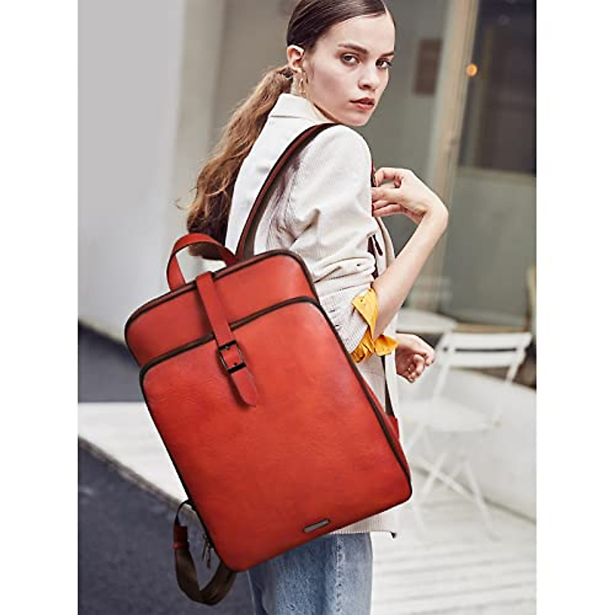 CLUCI Womens Backpack Purse Genuine Leather 15.6 Inch Laptop Backpack Vintage Travel Casual Daypack Reddish Brown