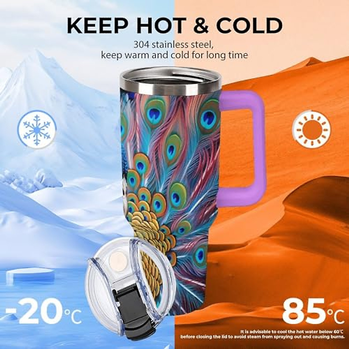 Peacock 40 Oz Car Cup Stainless Steel Travel Mug Leak-Proof Insulated Tumbler with Handle Violet-style
