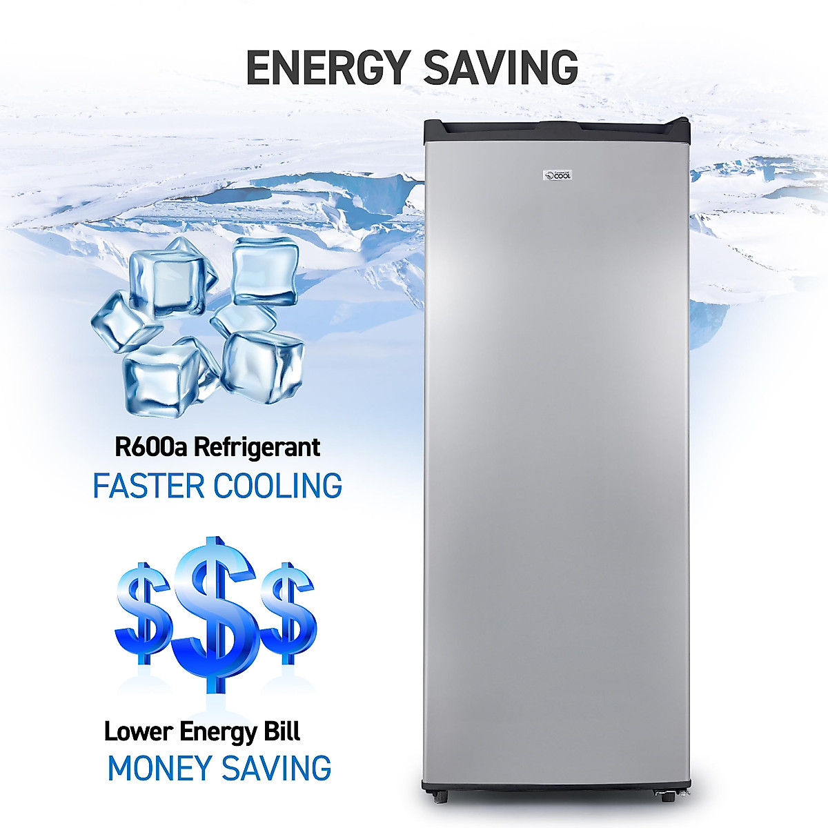 Commercial Cool Upright Freezer, Stand Up Freezer 6 Cu Ft with Reversible Door, Black with VCM Door