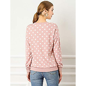 Allegra K Women's Winter Fall Casual Pullover Crewneck Long Sleeve Polka Dots Sweatshirt Sweater Small Pink