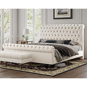 Jocisland Queen Size Bed Frame, Velvet Upholstered Platform Sleigh Bed with Scroll Headboard & Footboard, Button Tufted, No Box Spring Needed, Beige