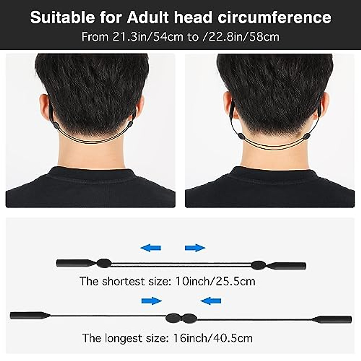 ATiC Glasses Strap, Adjustable Sunglasses Strap, Sports Eyeglass Holder Strap, No Tail Eyewear Retainer Glasses Lanyard for Men Women, Pack of 4, Black