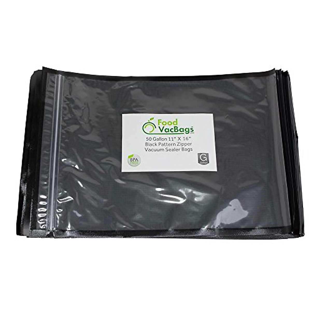 FoodVacBags 11" X 16" Zipper Gallon Bags, Black Back & Clear Front, 50 Count, Resealable, Precut