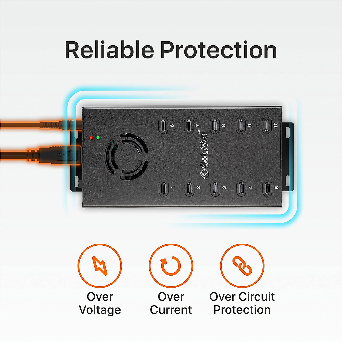 SotMa 10 Port USB C 2.0 Hub - USB Type C Hub - Multi-Port USB-C Hub - Powered USB C Expander for Mining - USB C Big Power Splitter with 12V 10A Power Adapter, LEDs, Mounting Bracket - Black