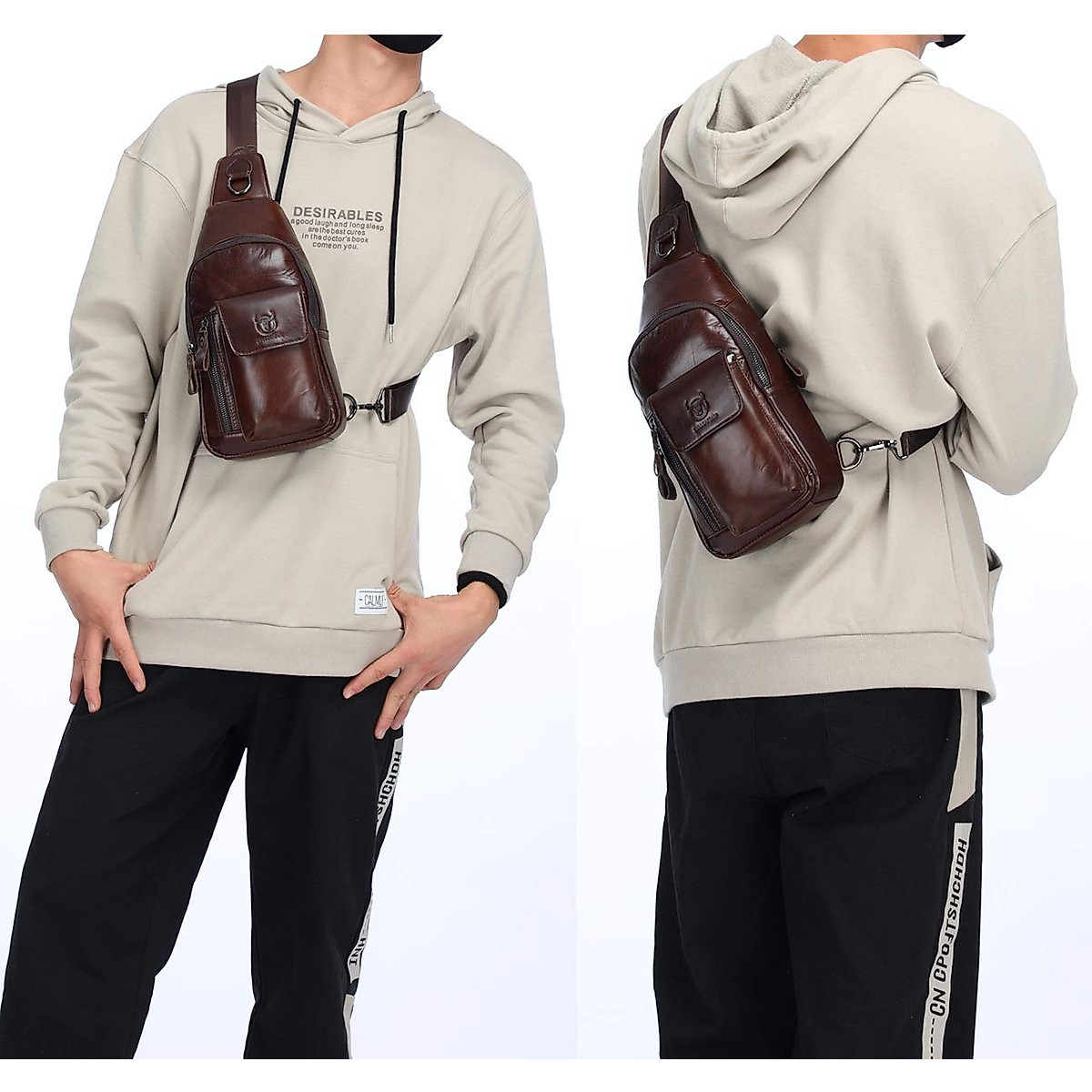 BULLCAPTAIN Genuine Leather Men Sling Bag Travel Crossbody Chest Bag Large Capacity Casual Hiking Daypack (Brown)