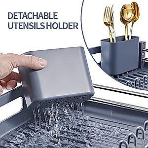 BRWINASLL Dish Drying Rack, Expandable Sink Dish Rack , Stainless Steel Drying Rack for Kitchen Counter and Drainboard Set with Removable Utensil Holder, Grey Dish Rack - 13.4-21.7 Inch