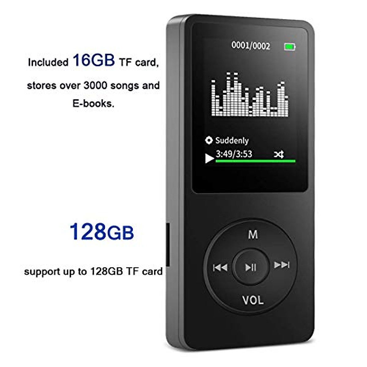 MP3 Player, Music Player with 16GB Micro SD Card, Build-in Speaker/Photo/Video Play/FM Radio/Voice Recorder/E-Book Reader, Supports up to 128GB