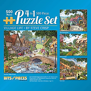 Bits and Pieces – 4-in-1 Multi-Pack 500 Piece Jigsaw Puzzles for Adults – Village Life by Artist Steve Crisp, Completed Puzzle Size: 16" x 20"