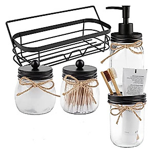 Vtopmart 5 Pcs Mason Jar Bathroom Accessories Set, Lotion Soap Dispenser, Toothbrush Holder, 2 Cotton Swab Holder, Metal Wire Storage Basket, Rustic Farmhouse Decor for Countertop Kitchen, Black