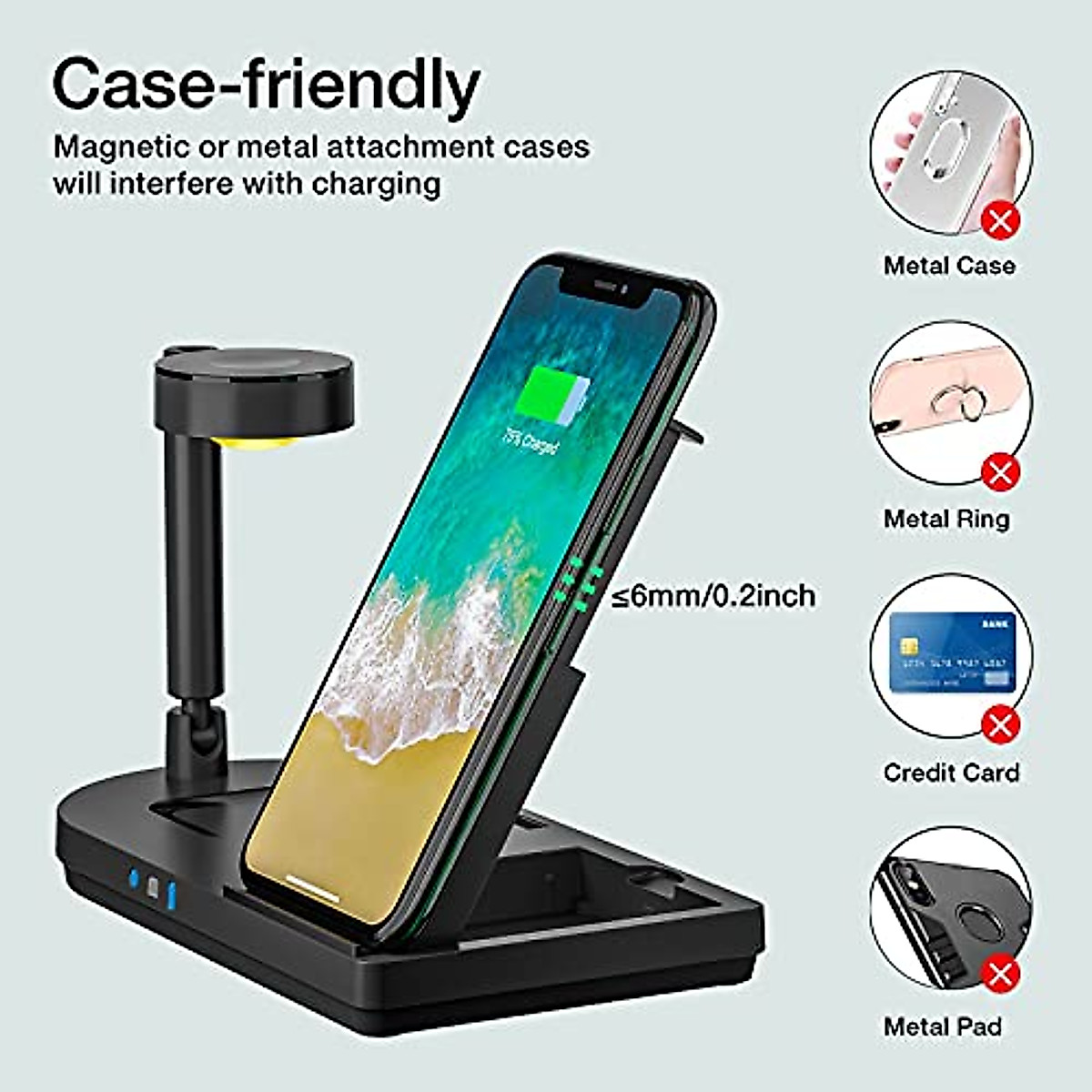 Portable 4 in 1 Charging Station for Apple Products, Wireless Fast Charger Stand with Bedside Lamp Compatible for iPhone14/13/12/11 Series, AirPods Pro 3/2, iWatch 8/7/SE/6/5/4/3/2 (Black)
