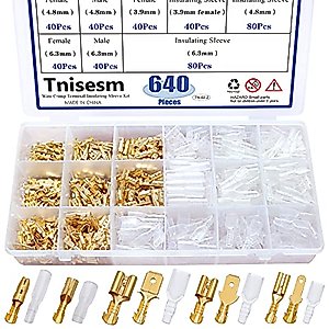 Tnisesm 640Pcs 2.8/4.8/6.3mm Male and Female Spade Connector & Bullet Connectors Terminals Wire Crimp Terminal with Insulating Sleeve Assortment Kit for Car Audio Speaker Electrical Wiring TN-02-2