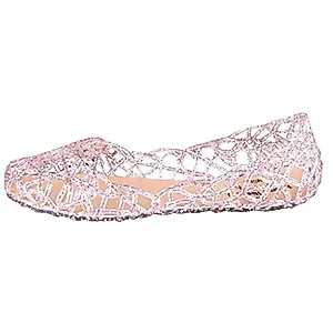 Sandals for Women Casual Flat Heel Beach Jelly Shoes Slip On Crystal Summer Soft Hollow Ballet Flat (Pink, 5.5)