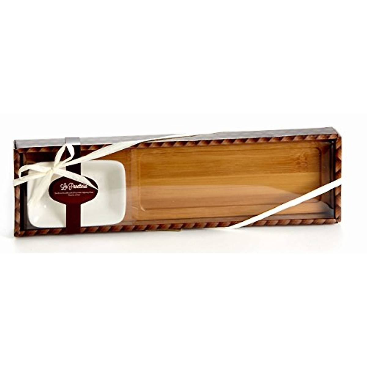 Artisano Designs La Panetteria Board with Dipping Dish Bread EVOO Serving Tray, Packaged Favor Dimensions Approx. 4.5” x 13" x 3.5" (11 x 33 x 9 cm). Bamboo 3.25" x 12.5" x 0.5" (8 x 32 cm x 1.2 cm