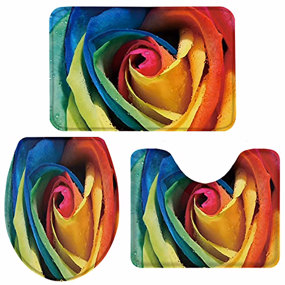 Apular Fashion 3 Piece Bath Rugs Set Colorful Rose Flower Floral Non Slip Ultra Soft Bathroom Accessories Mats, U Shape Mat and Toilet Lid Cover Mat Bath Mats
