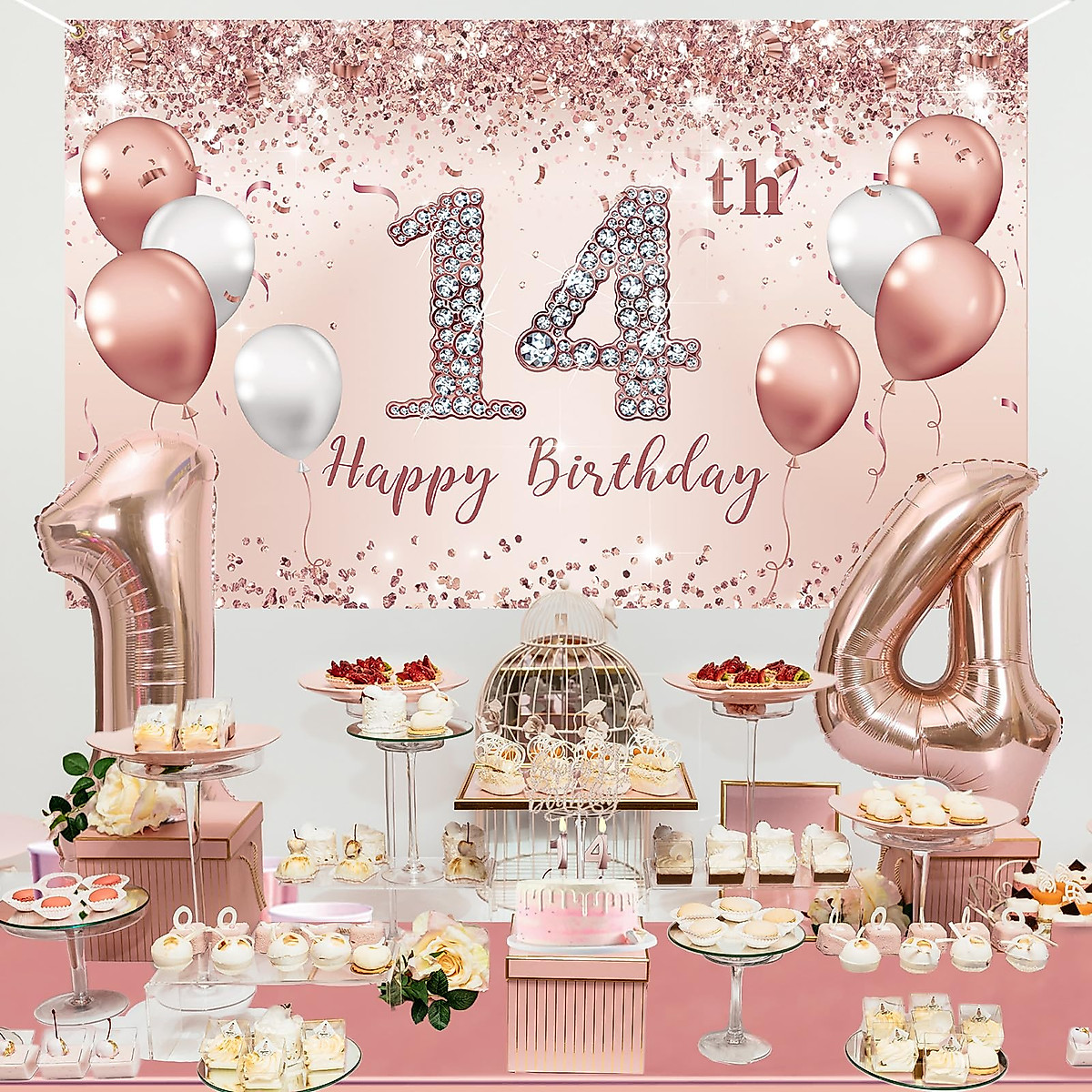 Trgowaul 14th Birthday Decorations Party Set for girls, Rose Gold 14 Birthday Banner and Tablecloth, 14 & Fabulous Sash and Tiara, 1PC Happy 14th Birthday Cake Topper, Pink Gold 14 Number Balloons