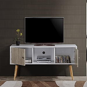 Hodedah Retro Style TV Stand with Two Storage Doors, and Solid Wood Legs, White