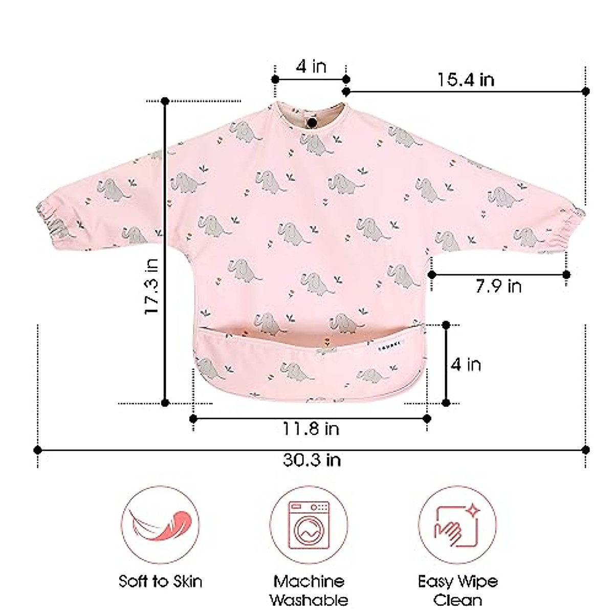 BUBEI Mess proof baby feeding bibs, Waterproof smock bibs, Toddler bibs, Long sleeve baby bib for eating, Baby bibs for baby girl, Baby bibs for eating, Toddler art smock (Pink Elephants)