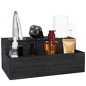 Wooden Hair Dryer Holder - Rustic Hair Tools Organizer with 3 Circular Holes and 1 Compartment, Bath Accessories Supplies Organizer for Bathroom Vanity Countertop Storage Hair Dryer, Vintage Black