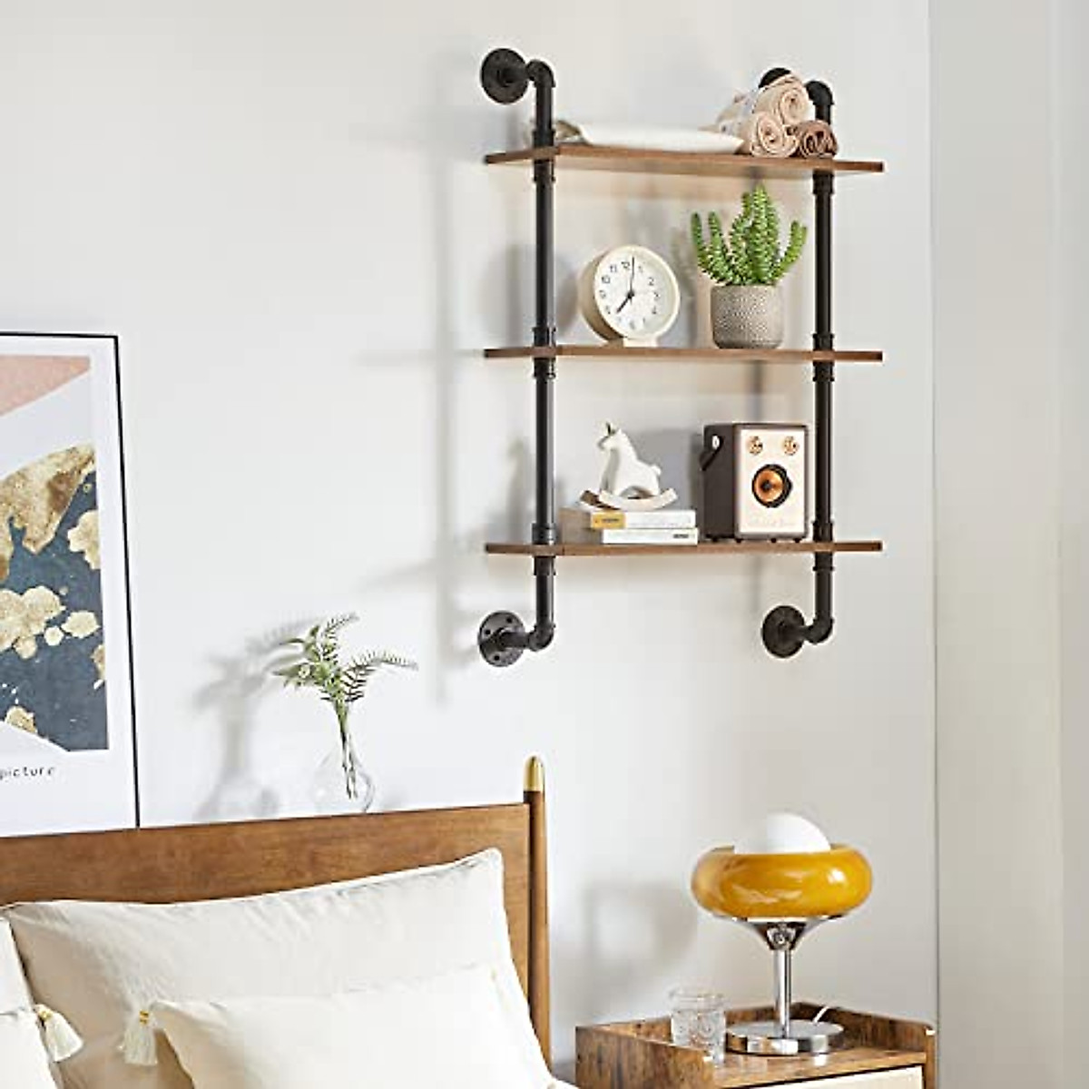 YMYNY Industrial Pipe Shelf Bracket, 3 Tiers Retro Wall Mounted Floating Shelf, Wood DIY Bookshelf, Storage Shelves for Living Room, Bedroom, Office, 24" Farmhouse Bathroom Shelving, UHRF-TM003